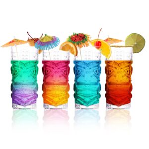 clear tiki glasses, set of 4 - 450 ml - perfect for exotic cocktails, lemonade, ice tea, mixed drinks- exotic zombie, rum, mai tai, pina colada, punch, hurricane, bar drinkware