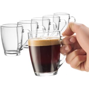 bormioli rocco glass coffee mug set, (6 pack) 10¾ ounce with convenient handle, tea glasses for hot/cold beverages, thermal shock resistant, tempered glass, for cappuccino, latte, espresso, clear.