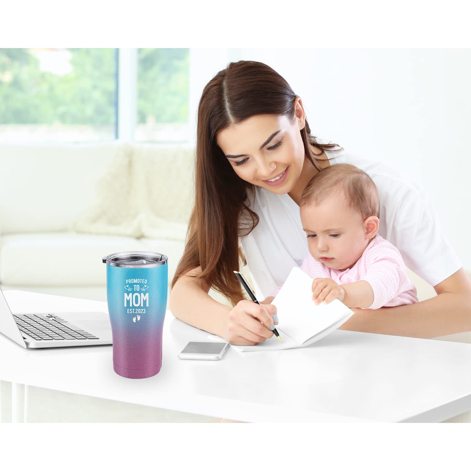 NUI LIVING Promoted to Mom Est 2023 20 Oz Tumbler - New Mom Gifts Ideas - First Time Mom - Mom to be - Mommy w/New Baby Gift - Cute Expecting Mother to be Baby Shower Presents for Her (Purple Teal)