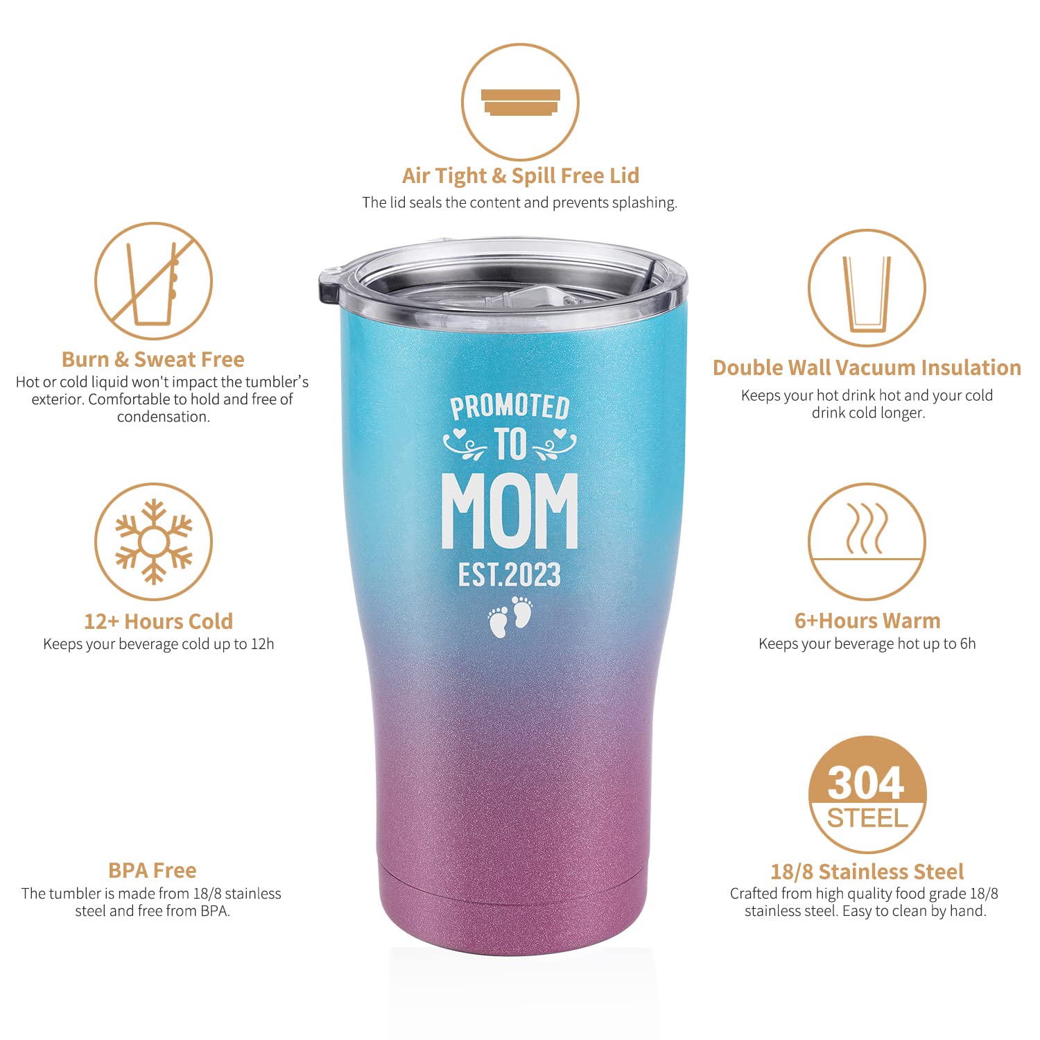 NUI LIVING Promoted to Mom Est 2023 20 Oz Tumbler - New Mom Gifts Ideas - First Time Mom - Mom to be - Mommy w/New Baby Gift - Cute Expecting Mother to be Baby Shower Presents for Her (Purple Teal)