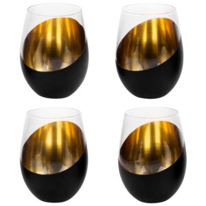 MyGift Matte Black & Gold Stemless Wine Glass Set of 4, Elegant Anniversary Wine Glasses