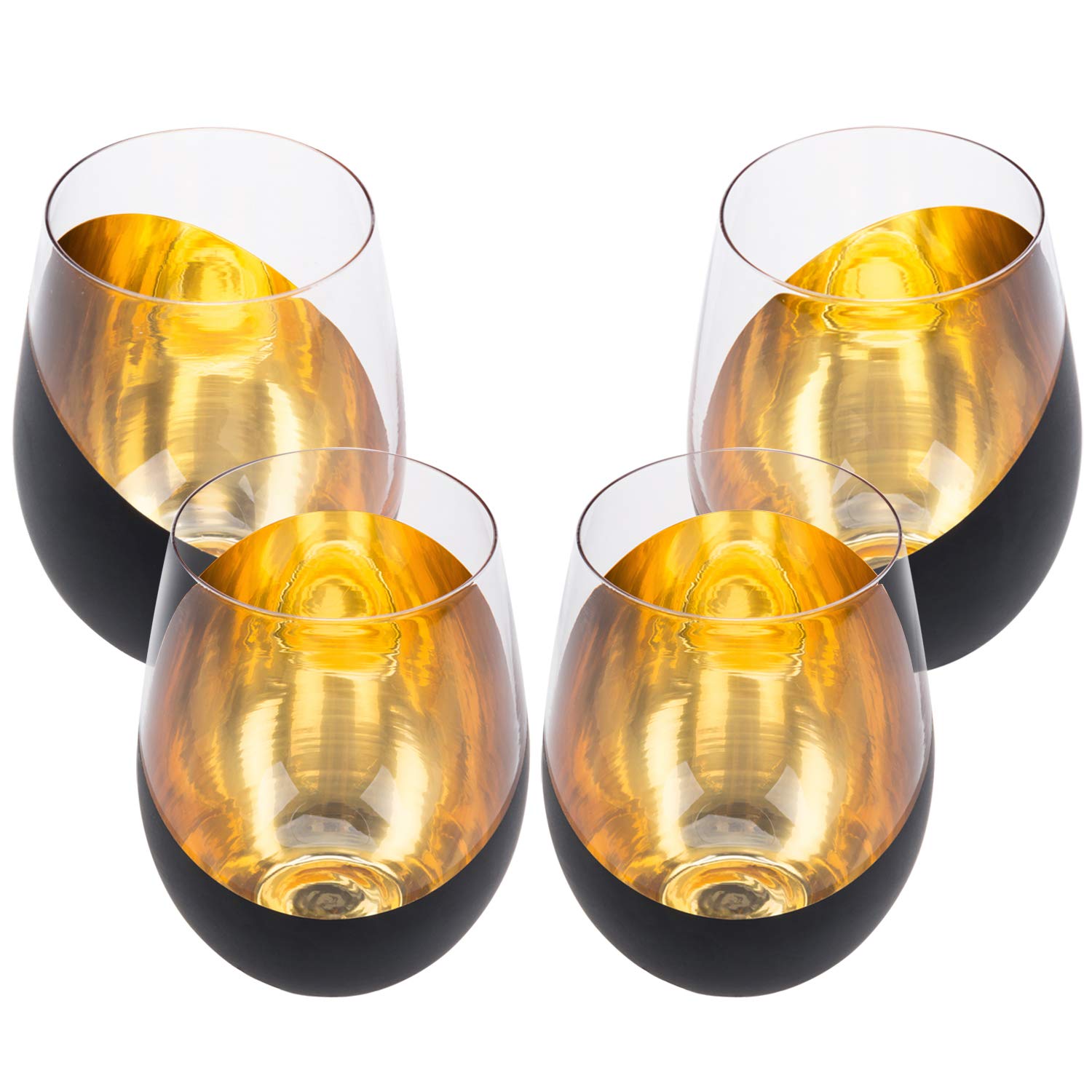 MyGift Matte Black & Gold Stemless Wine Glass Set of 4, Elegant Anniversary Wine Glasses