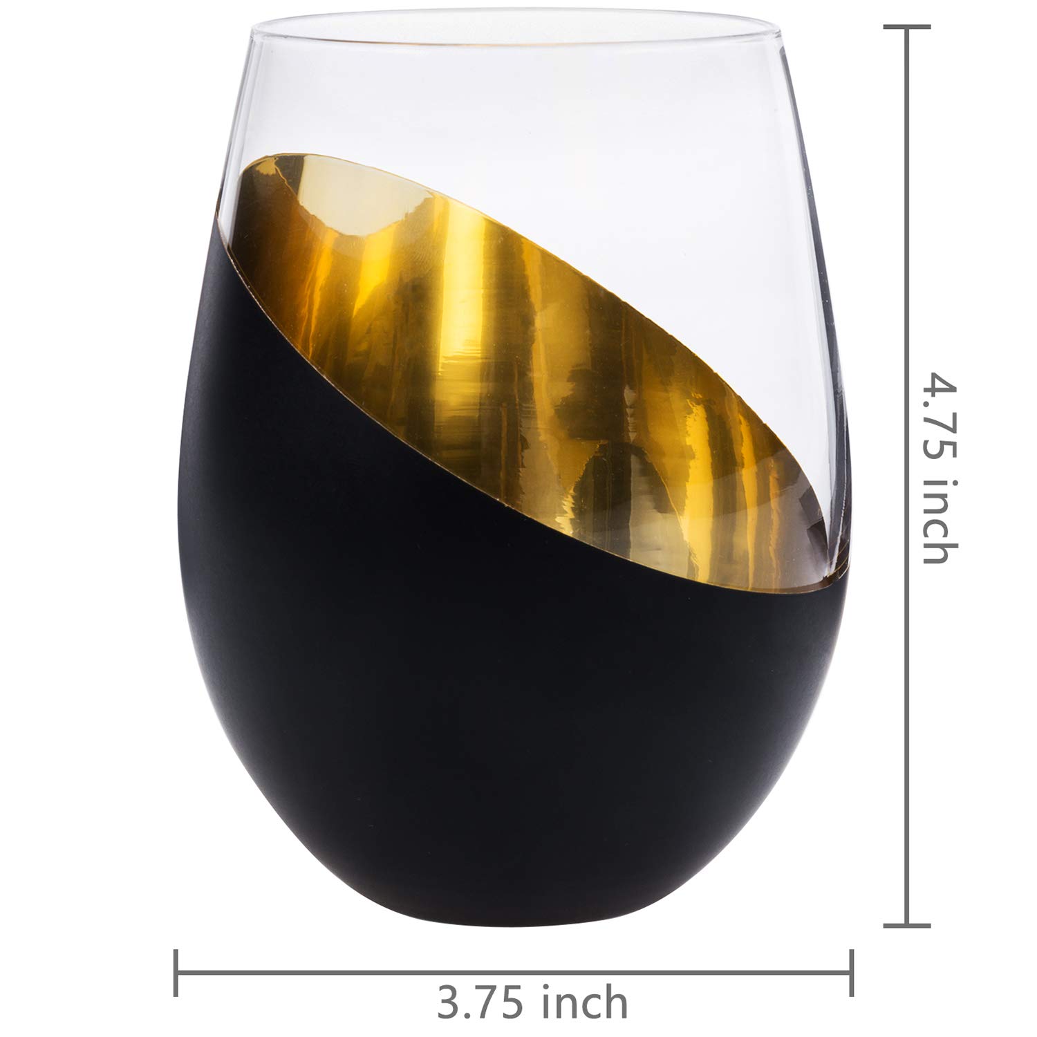 MyGift Matte Black & Gold Stemless Wine Glass Set of 4, Elegant Anniversary Wine Glasses