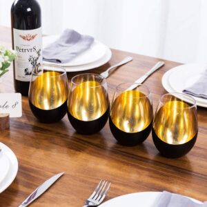 MyGift Matte Black & Gold Stemless Wine Glass Set of 4, Elegant Anniversary Wine Glasses