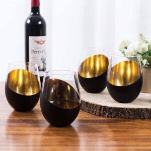 MyGift Matte Black & Gold Stemless Wine Glass Set of 4, Elegant Anniversary Wine Glasses