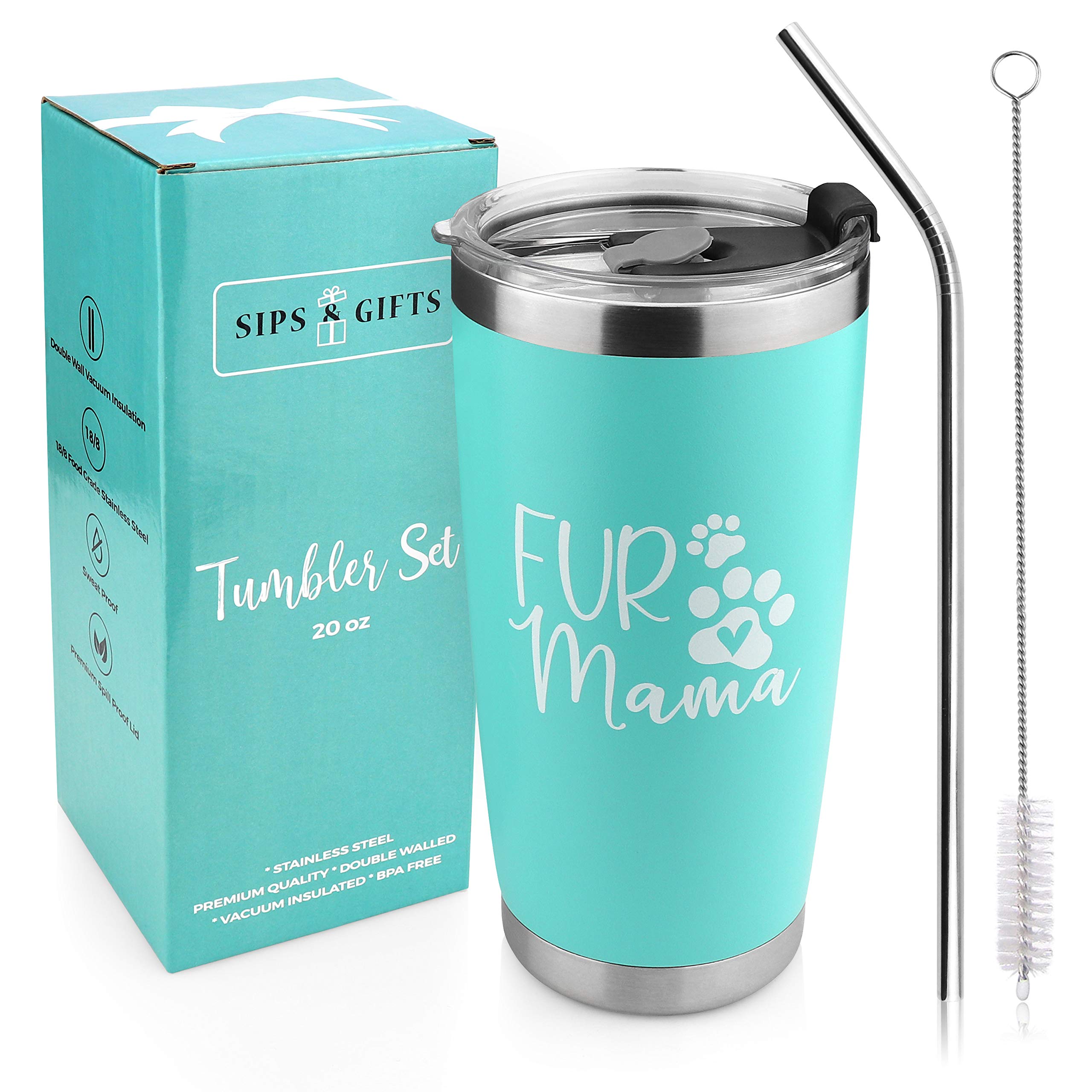 Sips & Gifts Fur Mama - Fun Presents for Dog lover, Cat lover - 20 oz Mint Stainless Steel Vacuum Insulated Travel Tumbler with Lid and Straw - Perfect Travel Mug for a Fur Mama