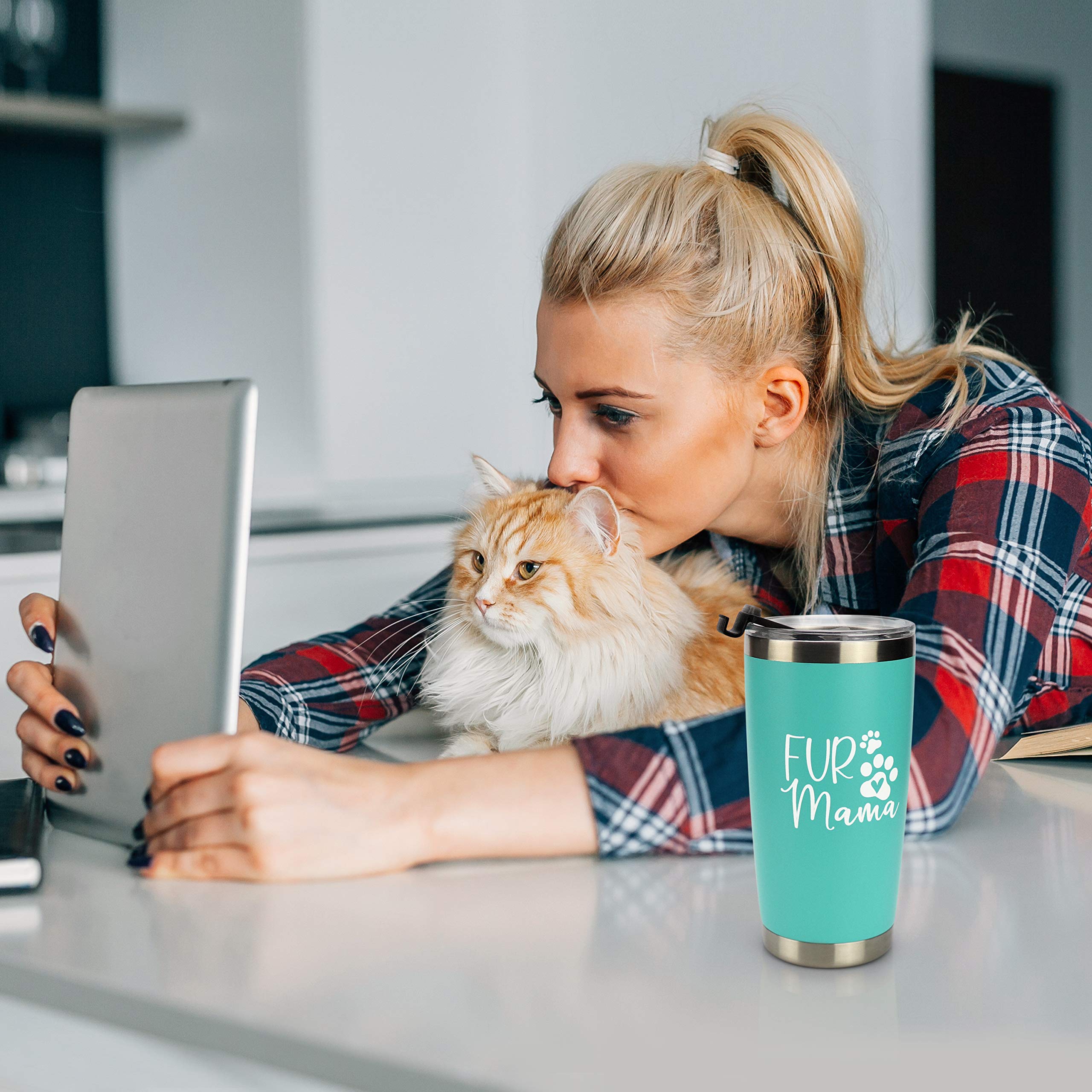 Sips & Gifts Fur Mama - Fun Presents for Dog lover, Cat lover - 20 oz Mint Stainless Steel Vacuum Insulated Travel Tumbler with Lid and Straw - Perfect Travel Mug for a Fur Mama