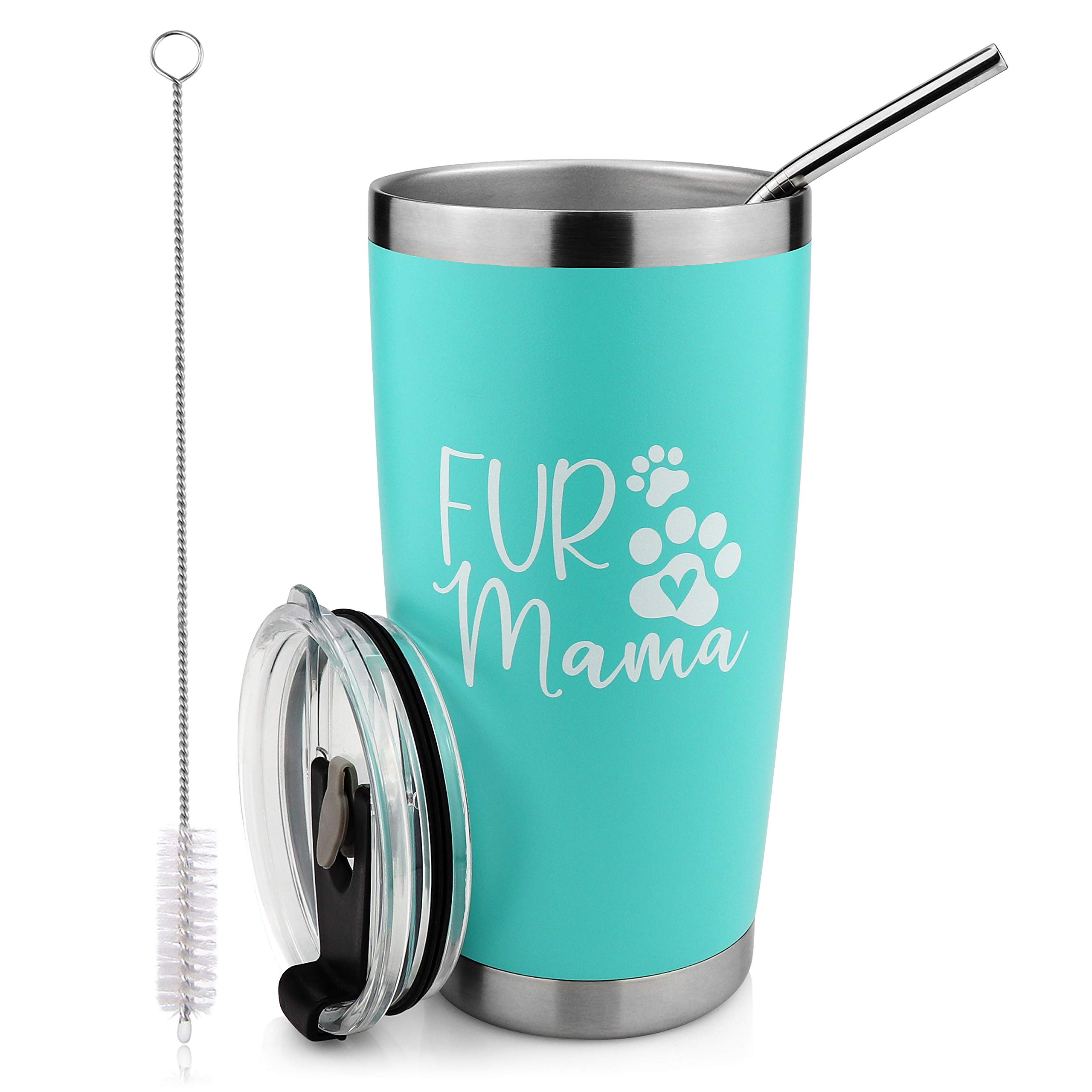 Sips & Gifts Fur Mama - Fun Presents for Dog lover, Cat lover - 20 oz Mint Stainless Steel Vacuum Insulated Travel Tumbler with Lid and Straw - Perfect Travel Mug for a Fur Mama