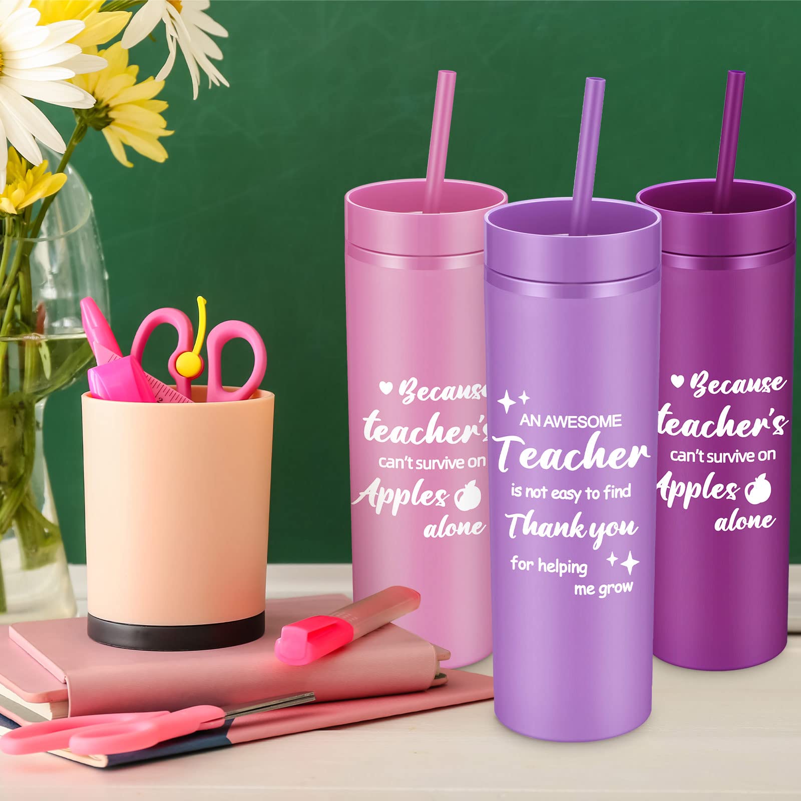 12 Pack Teacher Appreciation Gifts for Teachers Skinny Tumblers 16oz Matte Pastel Colored Acrylic Tumblers with Lids and Straws Thank You Gifts for Grad Teachers Day Birthday (Bright Colors, 12 Pack)