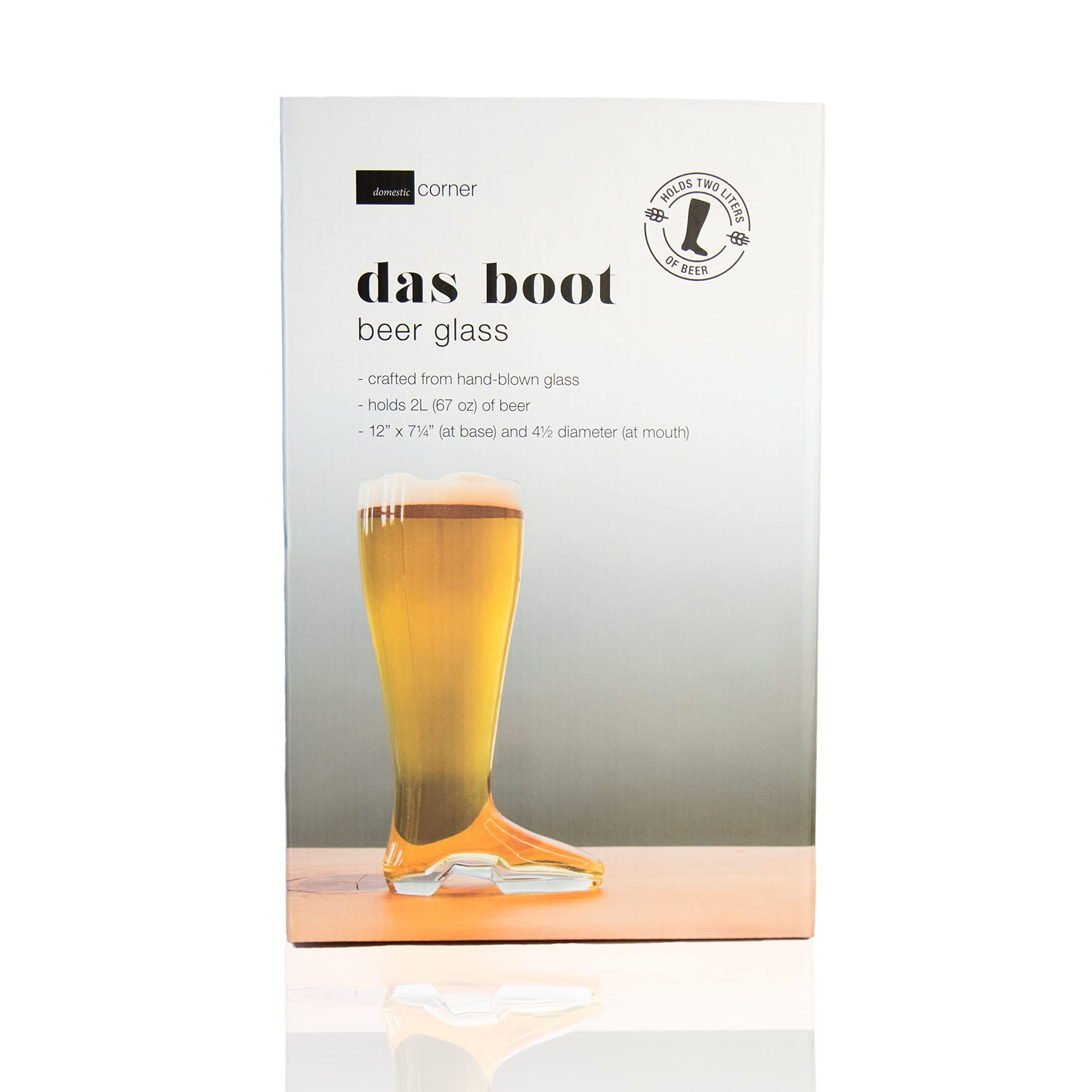 Domestic Corner - Das Boot - Quality Glass Beer Boot Mug for Oktoberfest Celebrations, St. Patrick's Day, Bachelor or Bachelorette Festivities, Holds Over 5 Beers - 2 Liter