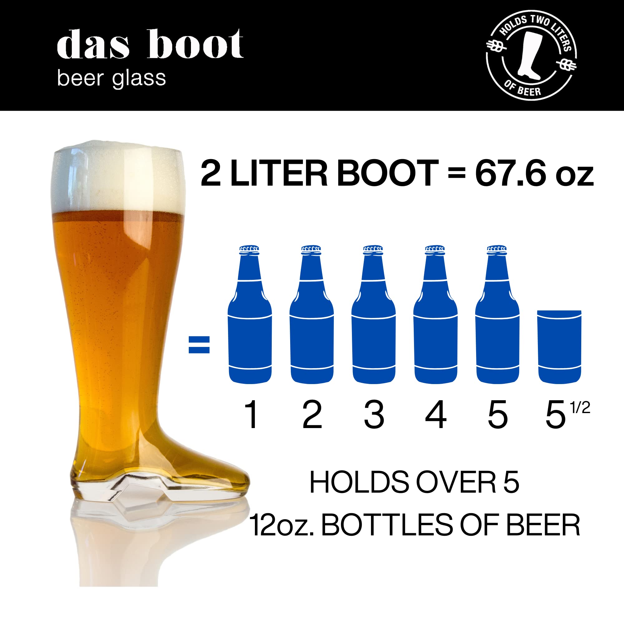 Domestic Corner - Das Boot - Quality Glass Beer Boot Mug for Oktoberfest Celebrations, St. Patrick's Day, Bachelor or Bachelorette Festivities, Holds Over 5 Beers - 2 Liter