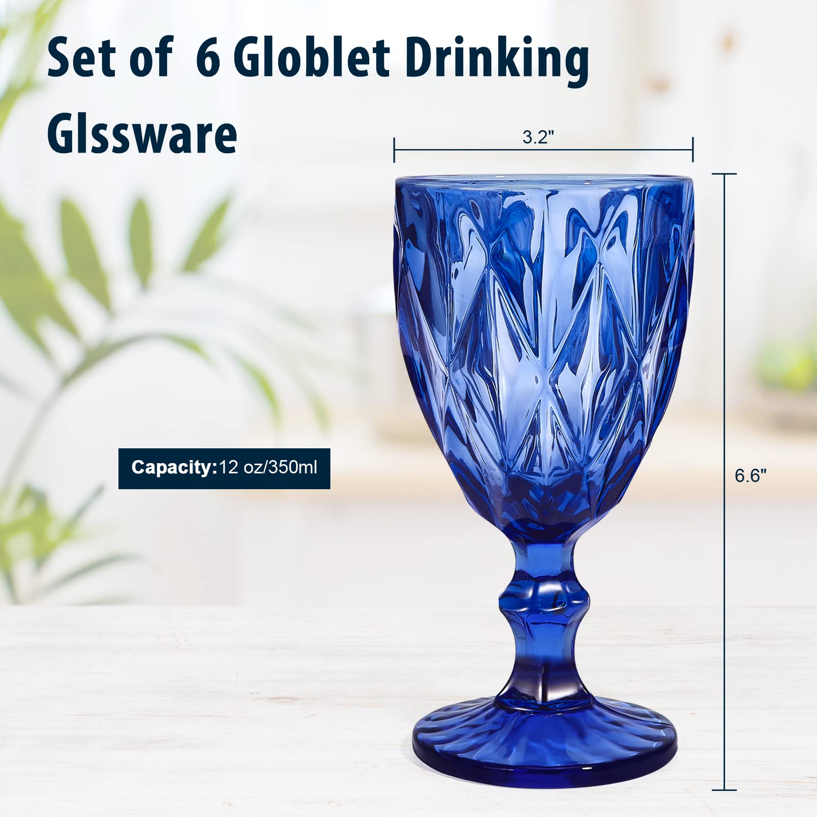 Blue Glasses Goblets, Drinkware 12 Ounce Water Glasses Wine Glasses Set of 6.Great for Party,Wedding