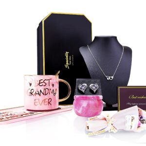 RARVA Grandma Gifts -Thank You Gifts Basket for Birthday Mothers Day Include Silver Heart Necklace Earrings Coffee Mug Set Candle Flower Grandmother Personized Gift Basket