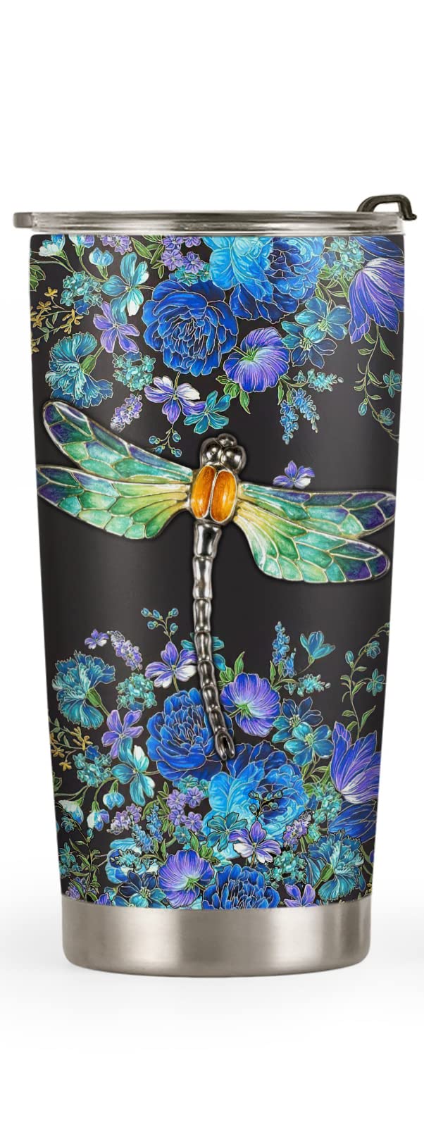 64HYDRO 20oz Dragonfly Gifts for Women, Valentines Day Gifts for Her, Coffee Thermos, Coffee Gifts for Women, Inspirational Blue Flower Dragonfly Tumbler Cup, Insulated Travel Coffee Mug with Lid