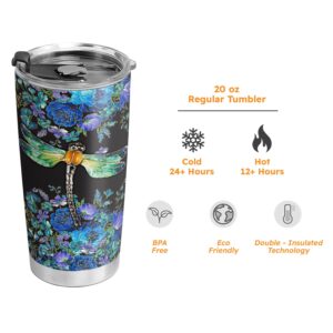 64HYDRO 20oz Dragonfly Gifts for Women, Valentines Day Gifts for Her, Coffee Thermos, Coffee Gifts for Women, Inspirational Blue Flower Dragonfly Tumbler Cup, Insulated Travel Coffee Mug with Lid