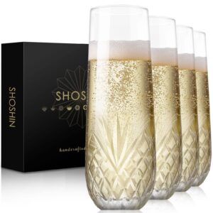 shoshin stemless champagne flutes, hand made, set of 4, toasting champagne glasses, wedding party cocktail cups, wine flute, mimosa glasses set, water glasses, highball glass, 9.5oz