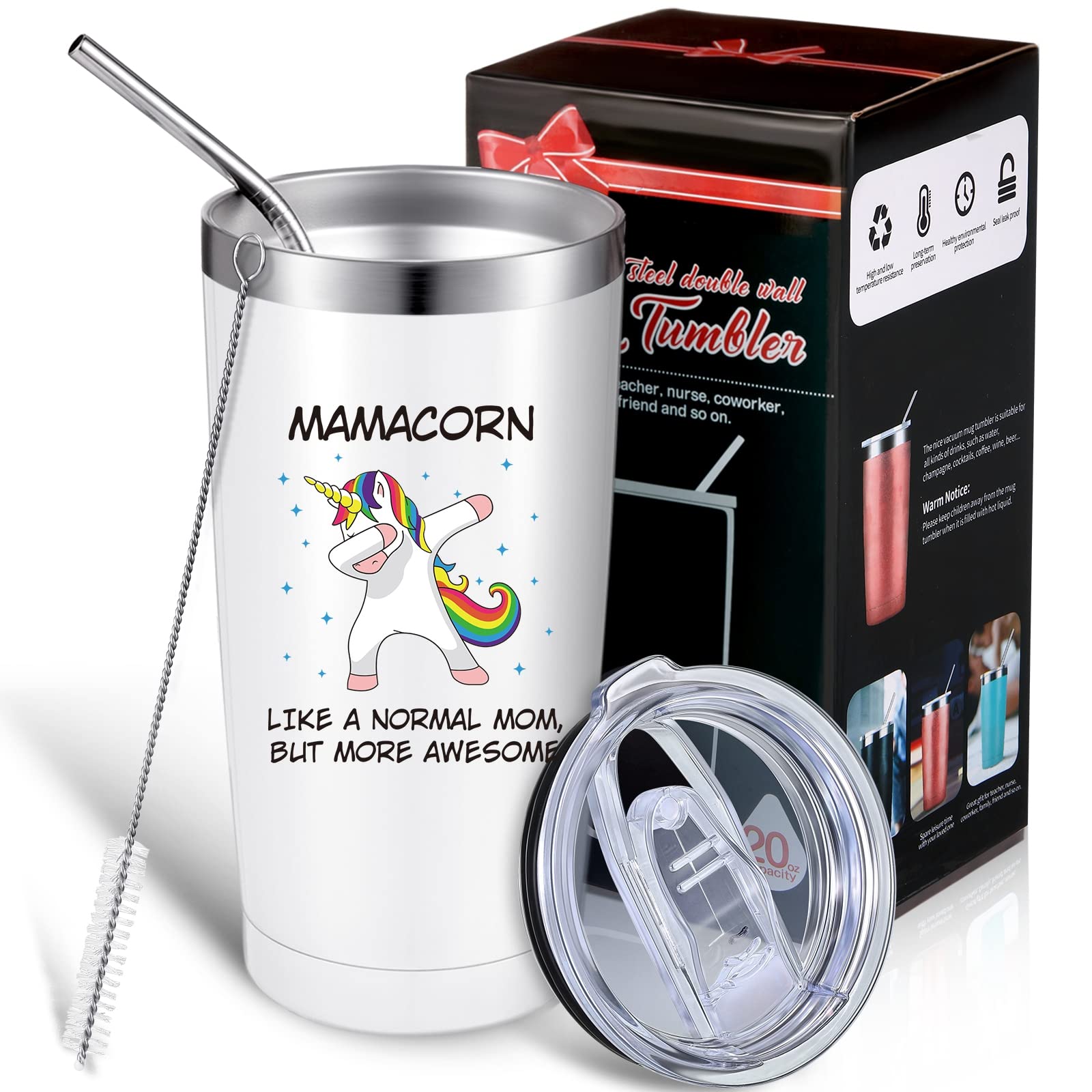 Mamacorn Tumbler Cup Mothers Day Gifts from Daughter Son Funny Unicorn Wine Tumbler, Mamacorn Like a Normal Mom But More Awesome Stainless Steel Insulated Cup, 20 oz Travel Mug with Straw Lid Gift Box