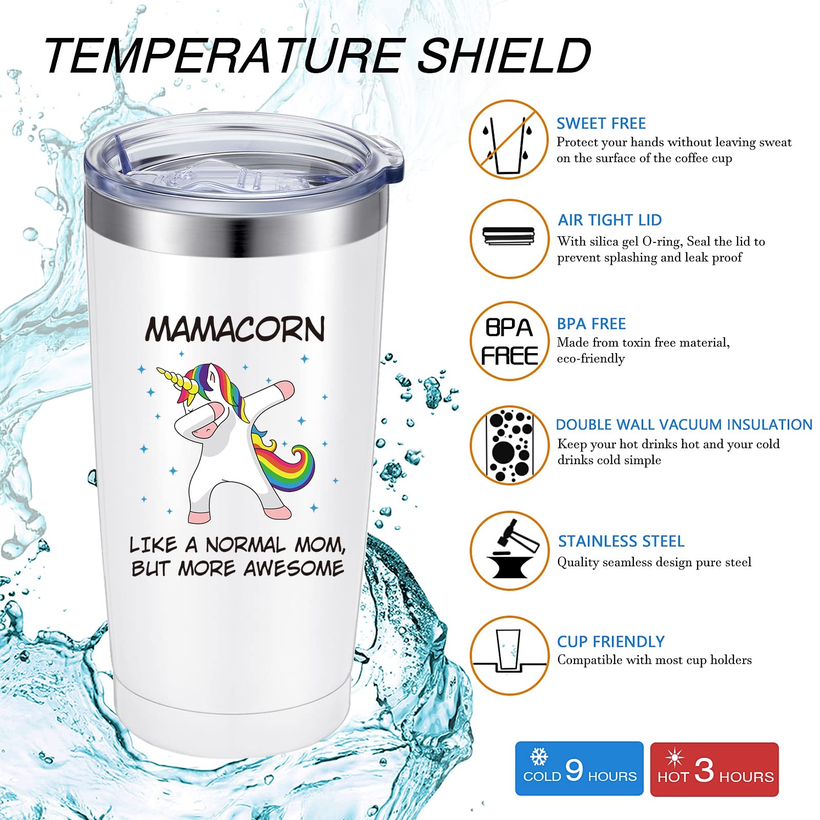 Mamacorn Tumbler Cup Mothers Day Gifts from Daughter Son Funny Unicorn Wine Tumbler, Mamacorn Like a Normal Mom But More Awesome Stainless Steel Insulated Cup, 20 oz Travel Mug with Straw Lid Gift Box