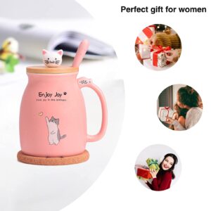 Feify Cute Cat Cup Ceramic Coffee Mug with Kawaii Cat Wooden Lid, Lovely Stainless Steel Spoon, Anime Kitty Thicken Wooden Coaster, Christmas Birthday Gift Cute Thing Japanese Mug 16oz (Pink)