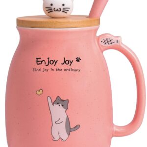 Feify Cute Cat Cup Ceramic Coffee Mug with Kawaii Cat Wooden Lid, Lovely Stainless Steel Spoon, Anime Kitty Thicken Wooden Coaster, Christmas Birthday Gift Cute Thing Japanese Mug 16oz (Pink)