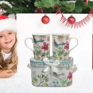 Lightahead Elegant Bone China Two Coffee Mugs set in Blue bird design 11.2 oz each cup in attractive gift box