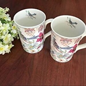 Lightahead Elegant Bone China Two Coffee Mugs set in Blue bird design 11.2 oz each cup in attractive gift box