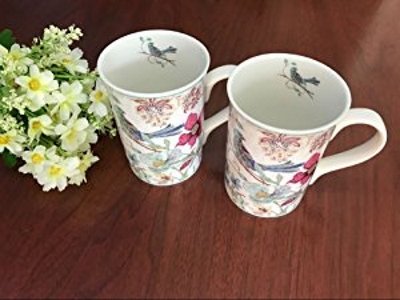 Lightahead Elegant Bone China Two Coffee Mugs set in Blue bird design 11.2 oz each cup in attractive gift box