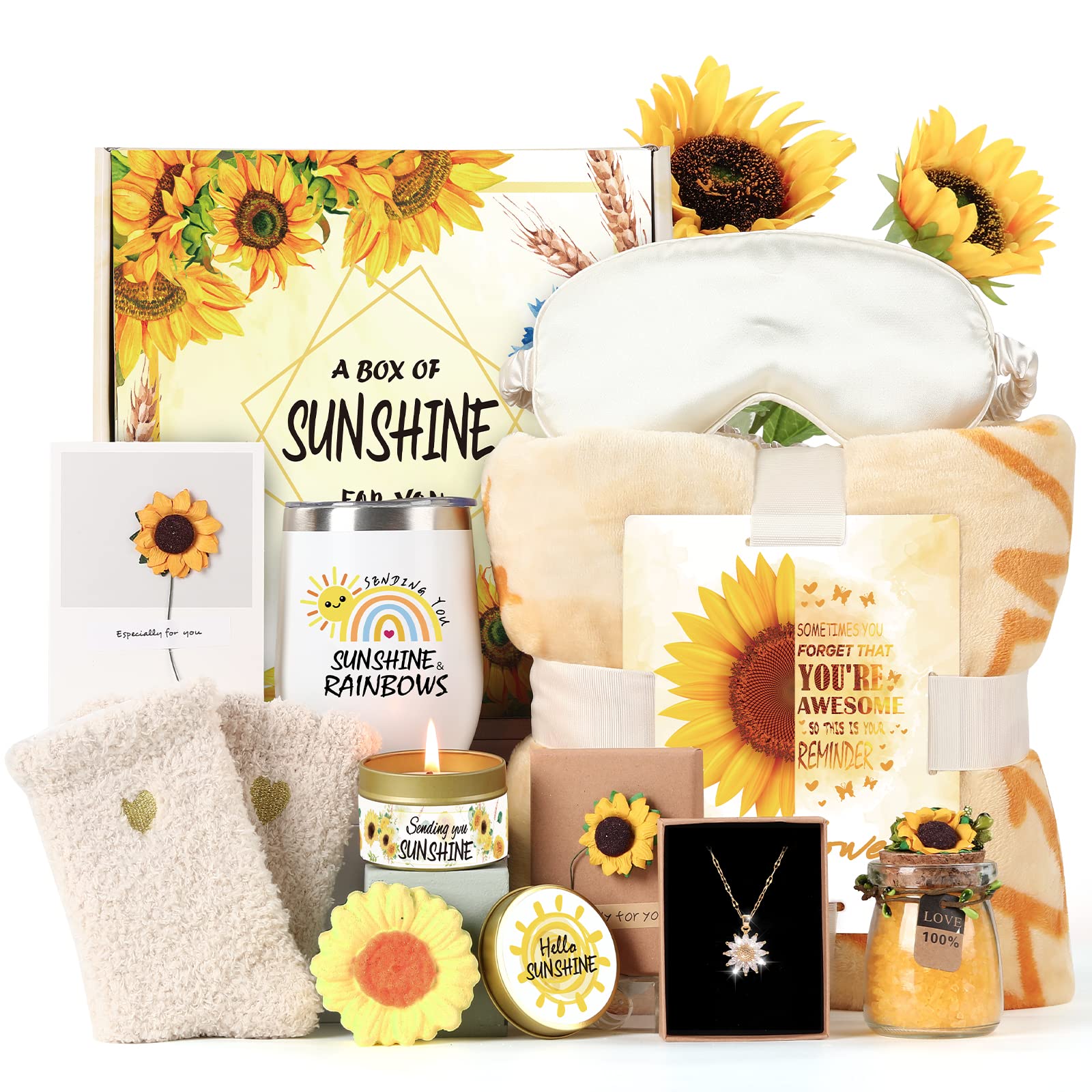 Sending Sunshine Gift, 11Pcs Sunflower Gifts for Women, Care Package, Birthday Gifts Box, Get Well Soon Gifts Basket Thinking of You Gift for Women, Friend, Sister, Mom with Inspirational Blanket