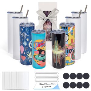 uirzotn 8 pack 20 oz sublimation tumbler blanks skinny straight in bulk, stainless steel insulated sublimation tumbler with polymer coating for heat transfer, with lid, straw, ribbon, gift box