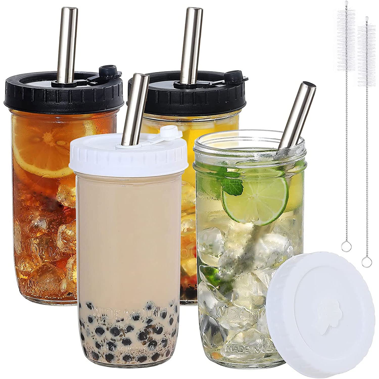 4 Pack Glass Bubble Tea Cups - 24oz Mason Jar with Lid and Straw, Clean Brush, Reusable Wide Mouth Glass Smoothie Cups, Boba Cup, Iced Coffee Cup, Travel Glass Drinking Bottle Mason Jar