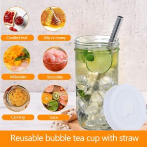 4 Pack Glass Bubble Tea Cups - 24oz Mason Jar with Lid and Straw, Clean Brush, Reusable Wide Mouth Glass Smoothie Cups, Boba Cup, Iced Coffee Cup, Travel Glass Drinking Bottle Mason Jar