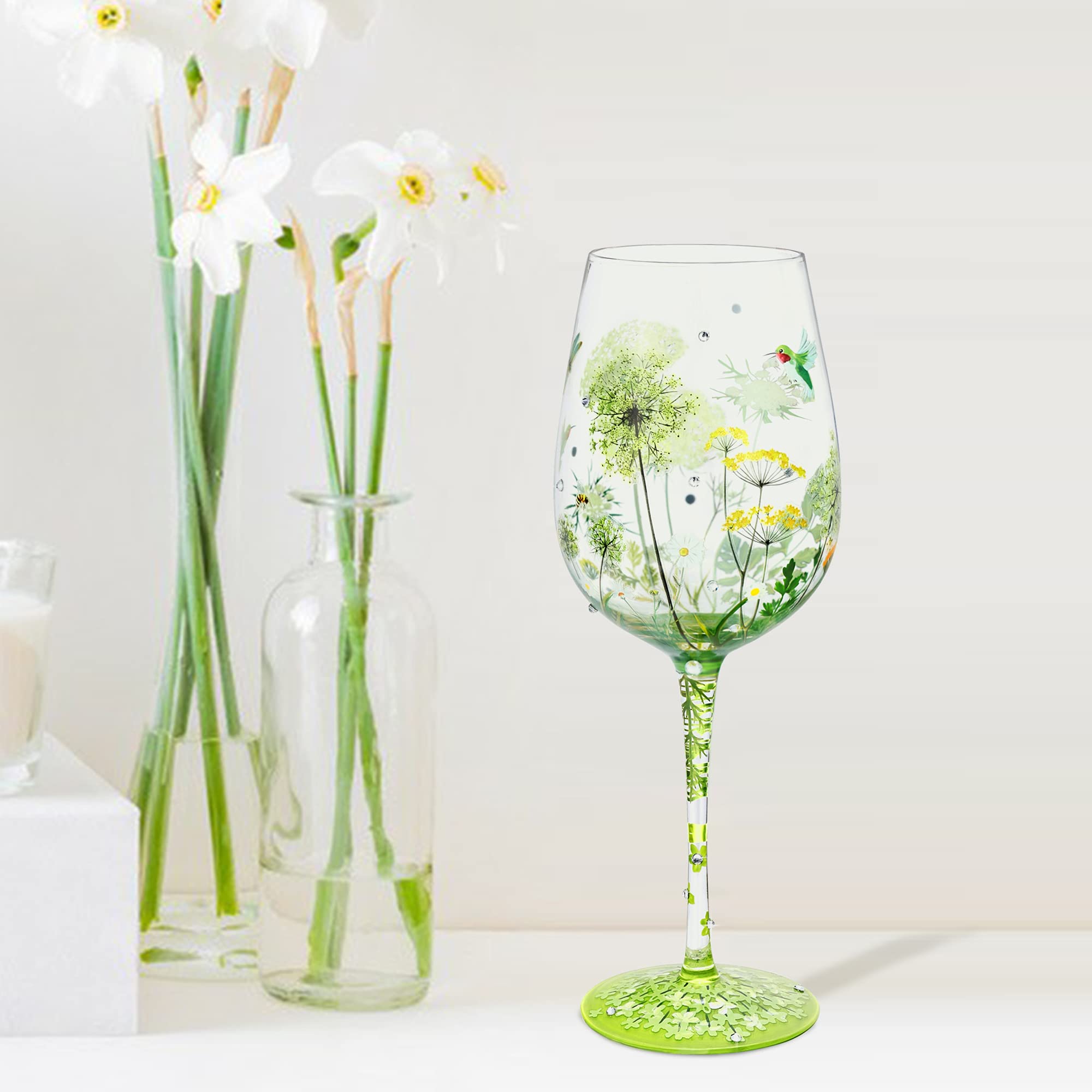 NymphFable Colorful Wine Glass Flower Bird Gragonfly Artisan Painted 15oz Personalised Gift for Best Friend