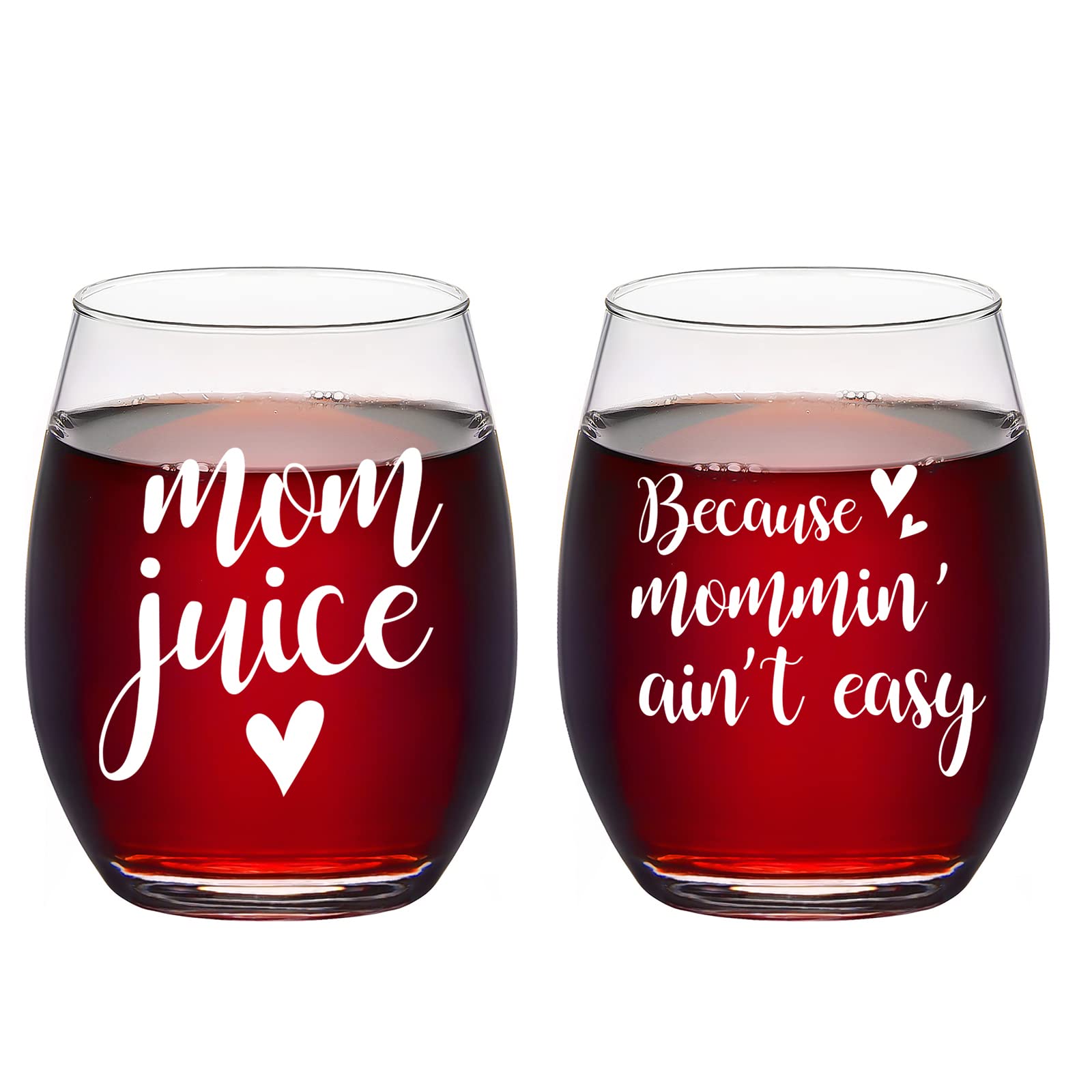 Futtumy Mom Gift, Mom Juice Because Mommin Ain’t Easy Stemless Wine Glass Set, Mothers Day Gift Birthday Gift Christmas Gift for Mom Mother Mom to be New Mom Mama, 15 Oz