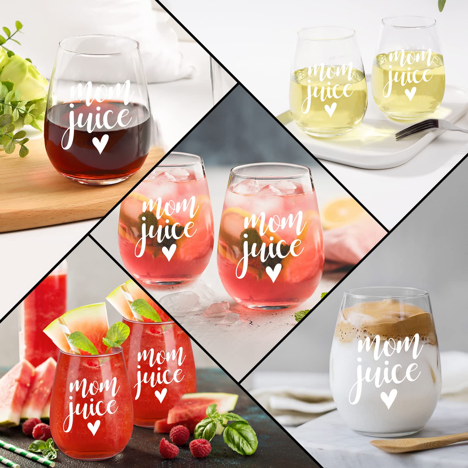 Futtumy Mom Gift, Mom Juice Because Mommin Ain’t Easy Stemless Wine Glass Set, Mothers Day Gift Birthday Gift Christmas Gift for Mom Mother Mom to be New Mom Mama, 15 Oz