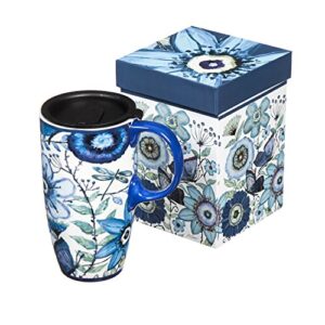 shades of indigo flowers and butterflies ceramic travel coffee mug 17oz