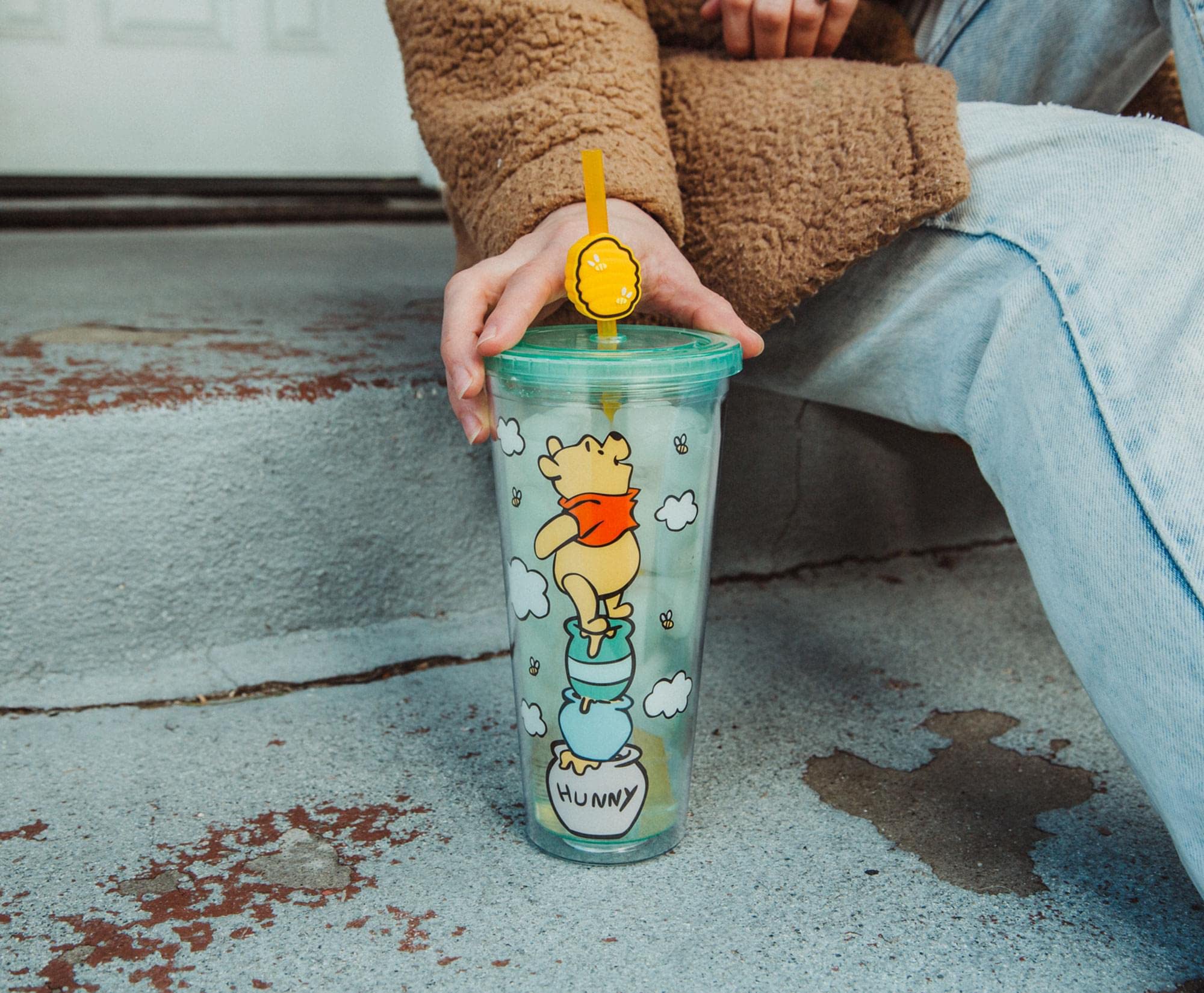 Silver Buffalo Winnie the Pooh Hunny Pot Carnival Cold Cup With Reusable Straw and Leak-Resistant Lid | Holds 24 Ounces