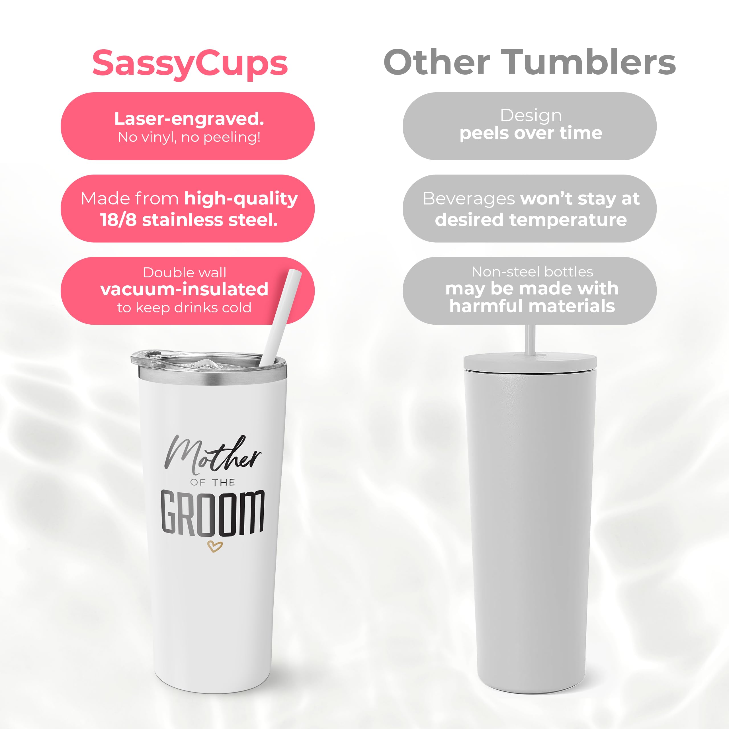 SassyCups Mother of the Groom Cup | Vacuum Insulated Stainless Steel Tumbler with Straw for Groom's Mom | Engagement Announcement | Travel Mug for Groom's Mothers | Bridal Party (22 Ounce, White)