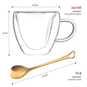 Heart Shaped Cup - Double Walled Insulated Glass Coffee Mug or Tea Cup - Double Wall Glass 10oz (300ml) - Clear - Unique & Insulated with Handle - With Teaspoon