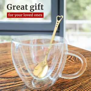 Heart Shaped Cup - Double Walled Insulated Glass Coffee Mug or Tea Cup - Double Wall Glass 10oz (300ml) - Clear - Unique & Insulated with Handle - With Teaspoon