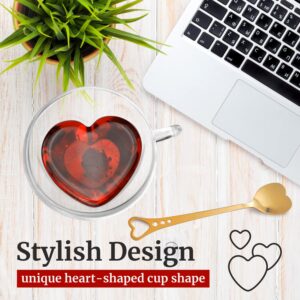 Heart Shaped Cup - Double Walled Insulated Glass Coffee Mug or Tea Cup - Double Wall Glass 10oz (300ml) - Clear - Unique & Insulated with Handle - With Teaspoon