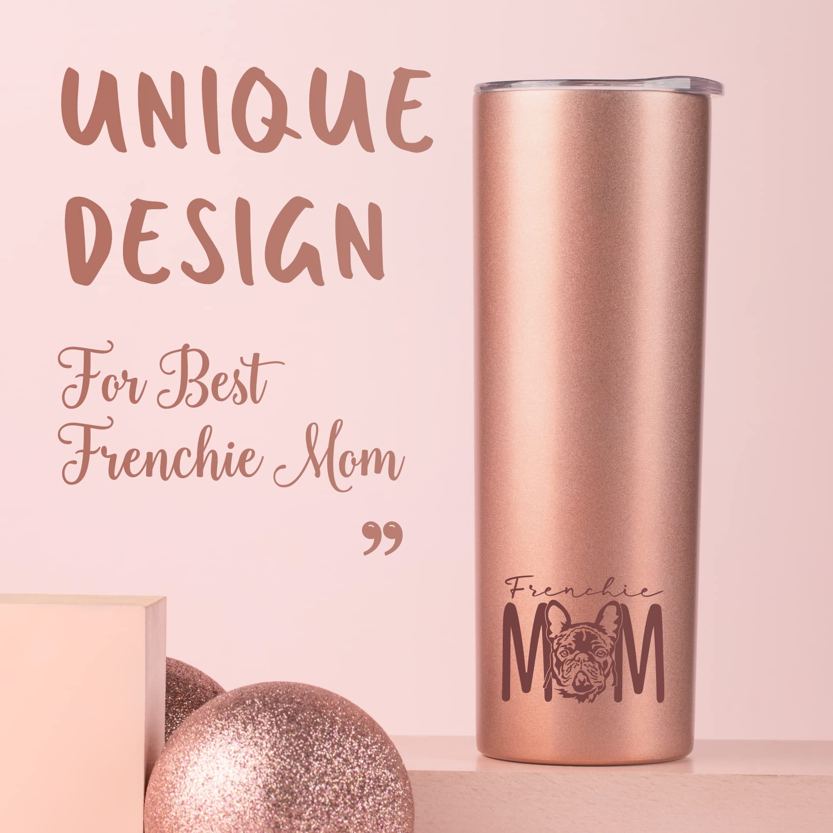 Onebttl Dog Mom Gifts, Dog Lover Gifts for Women, Best Dog Mom Ever, 20 oz Rose Gold Insulated Tumbler - Frenchie Mom