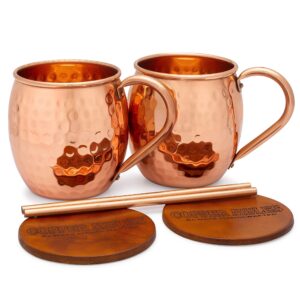 copper mules moscow mule copper mugs set of 2 hand hammered - classic riveted handles – the finest moscow mule mugs - holds 16oz each