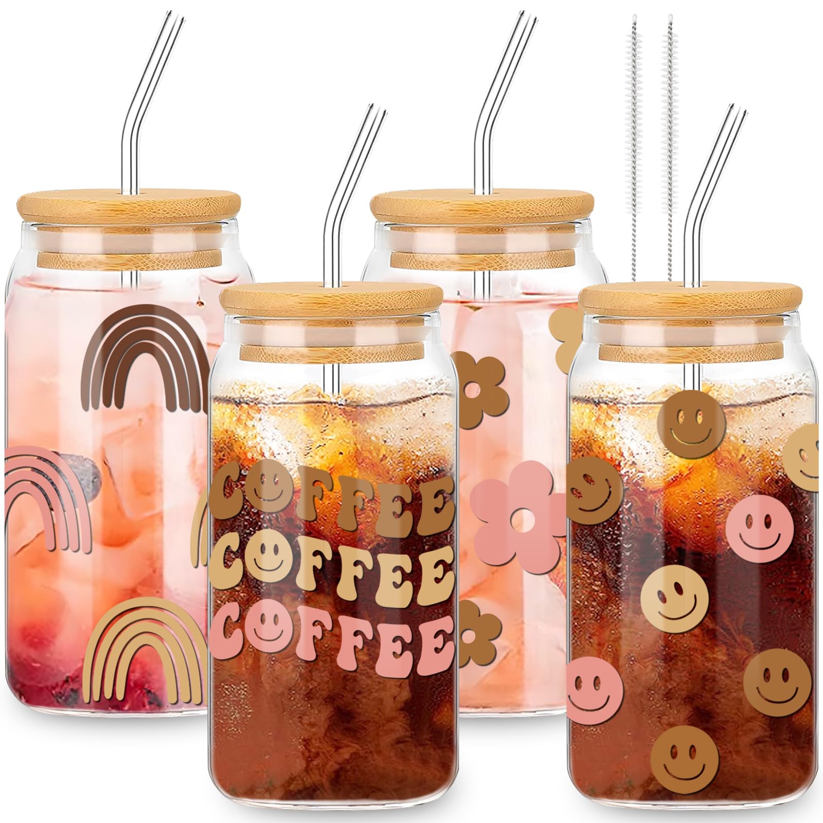 Whaline 4Pcs Boho Ice Coffee Cup with Bamboo Lids and Straws, 16oz Retro Groovy Drinking Glasses Rainbow Face Flower Beer Can Shaped Glass Cup for Soda Cocktail Whiskey Coffee Tea Water Wine