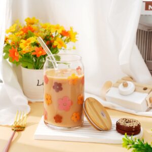 Whaline 4Pcs Boho Ice Coffee Cup with Bamboo Lids and Straws, 16oz Retro Groovy Drinking Glasses Rainbow Face Flower Beer Can Shaped Glass Cup for Soda Cocktail Whiskey Coffee Tea Water Wine