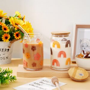 Whaline 4Pcs Boho Ice Coffee Cup with Bamboo Lids and Straws, 16oz Retro Groovy Drinking Glasses Rainbow Face Flower Beer Can Shaped Glass Cup for Soda Cocktail Whiskey Coffee Tea Water Wine