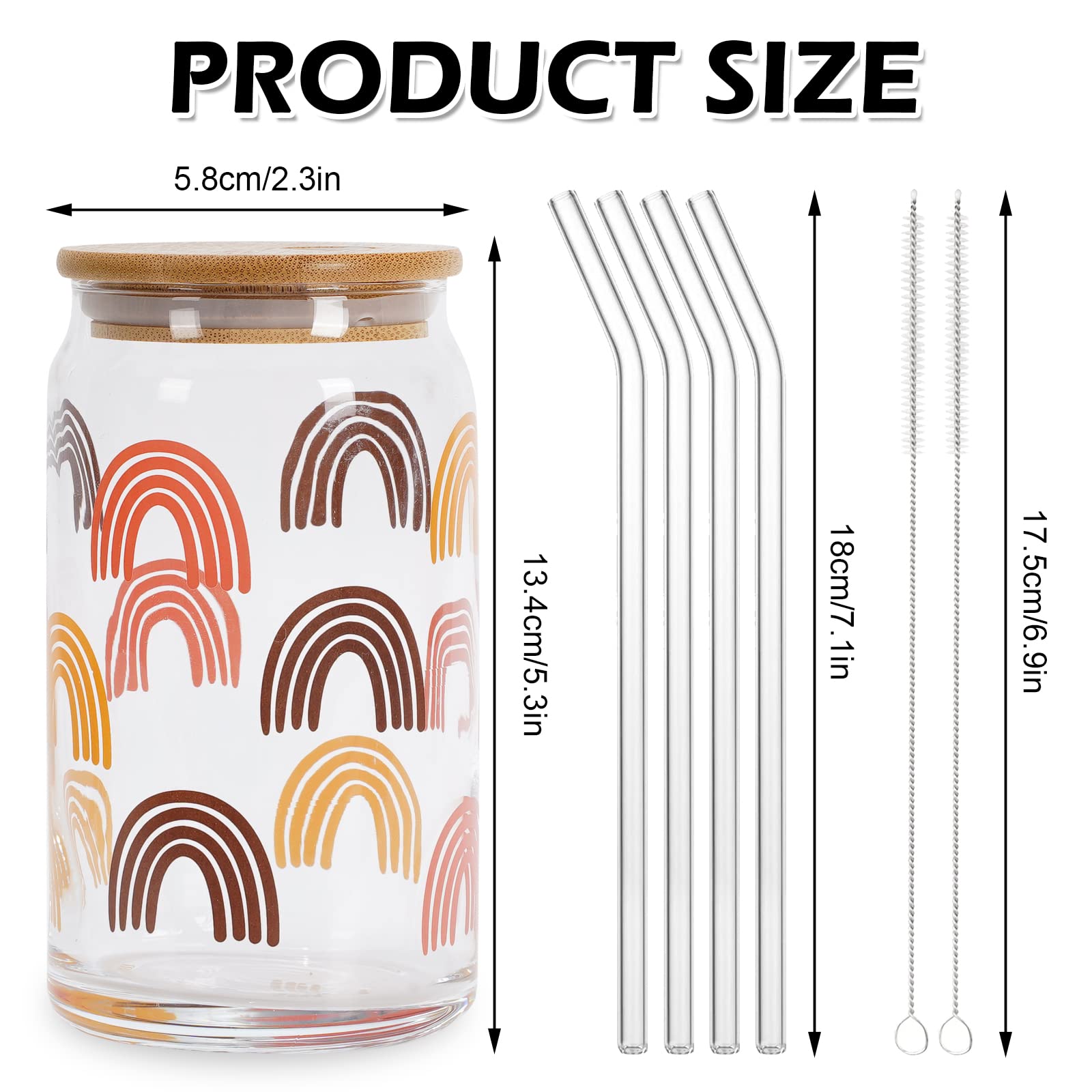 Whaline 4Pcs Boho Ice Coffee Cup with Bamboo Lids and Straws, 16oz Retro Groovy Drinking Glasses Rainbow Face Flower Beer Can Shaped Glass Cup for Soda Cocktail Whiskey Coffee Tea Water Wine