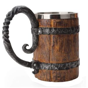 kndatle handmade wooden barrel beer mug, bucket shaped drinkware with handle, stainless steel double wall cocktail mug for bar restaurant, vintage bar accessories (18 oz)