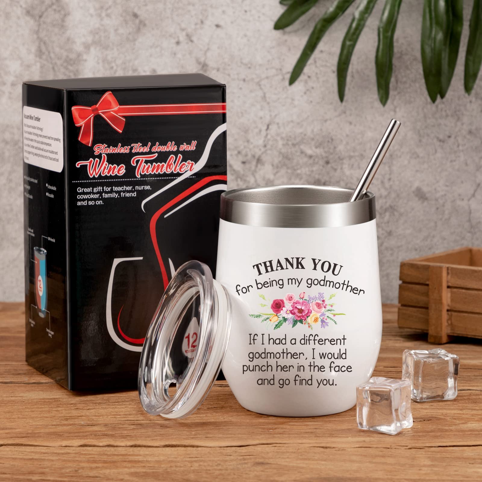 Godmother Gifts from Godchild, Thank You for Being My Godmother Wine Tumbler Promoted to Godmother Gift for Baby Pregnancy Announcement Christmas,12 oz Stainless Steel Coffee Mug with Lid Straw Brush