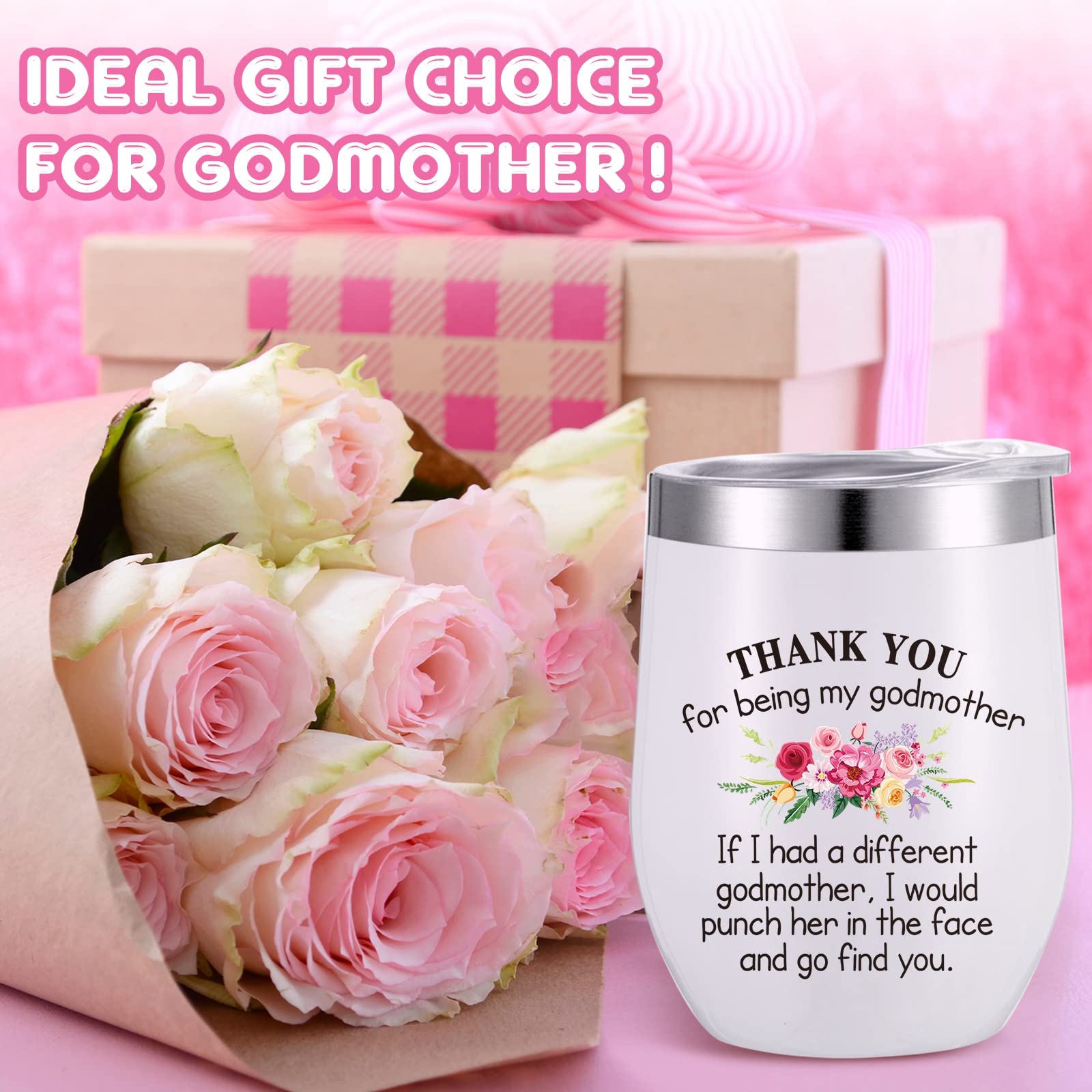 Godmother Gifts from Godchild, Thank You for Being My Godmother Wine Tumbler Promoted to Godmother Gift for Baby Pregnancy Announcement Christmas,12 oz Stainless Steel Coffee Mug with Lid Straw Brush