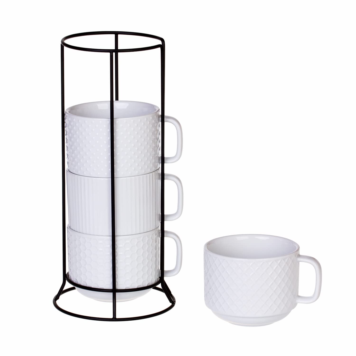 Buyajuju Porcelain Stackable Coffee Mugs Set of 4 with Metal Stand, 13 Ounce Stackable Different Embossment Coffee Cup holder for Coffee, Tea, Cocoa, Drinks, White